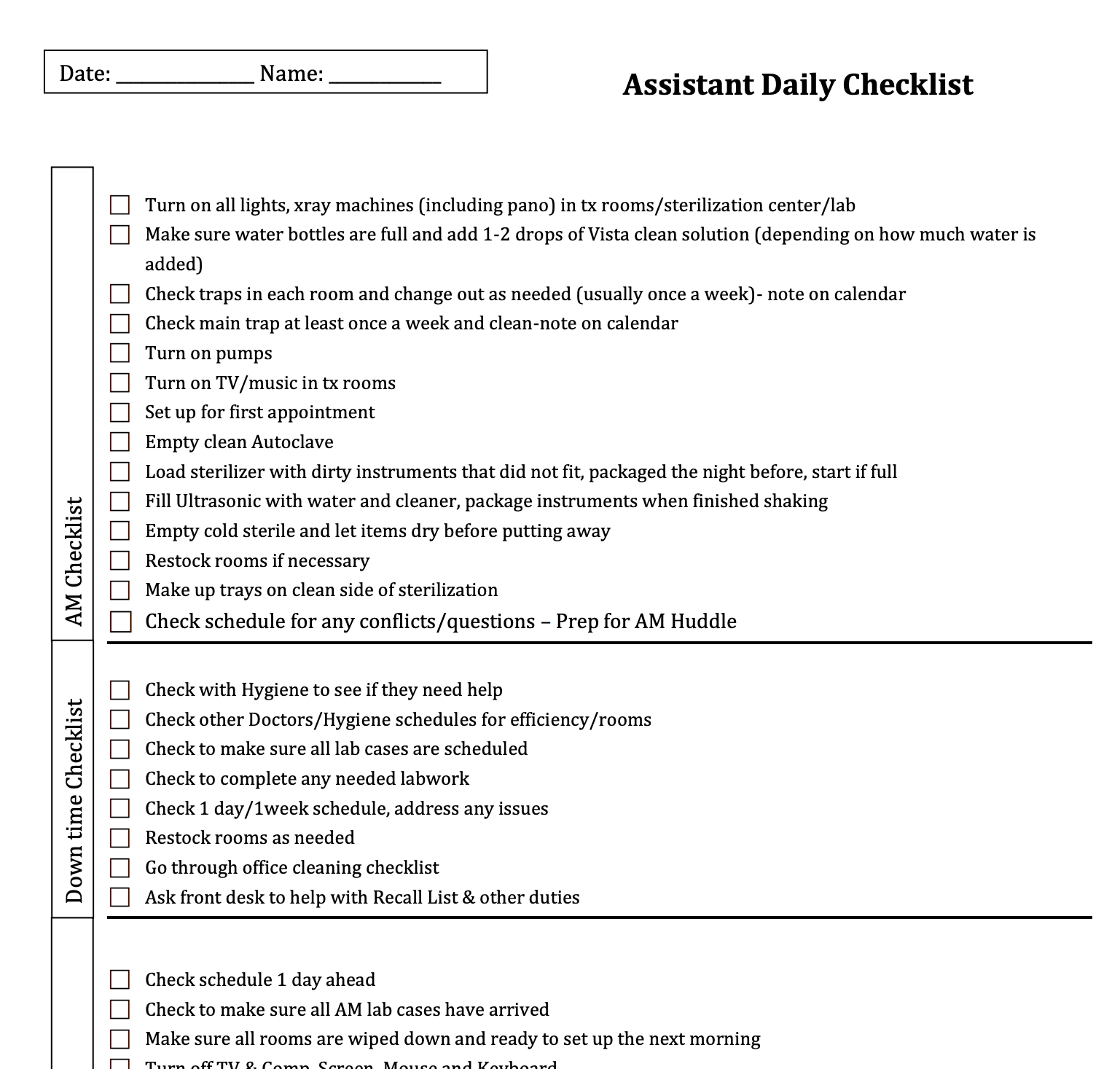 Assistant Checklist - Dental Success Network