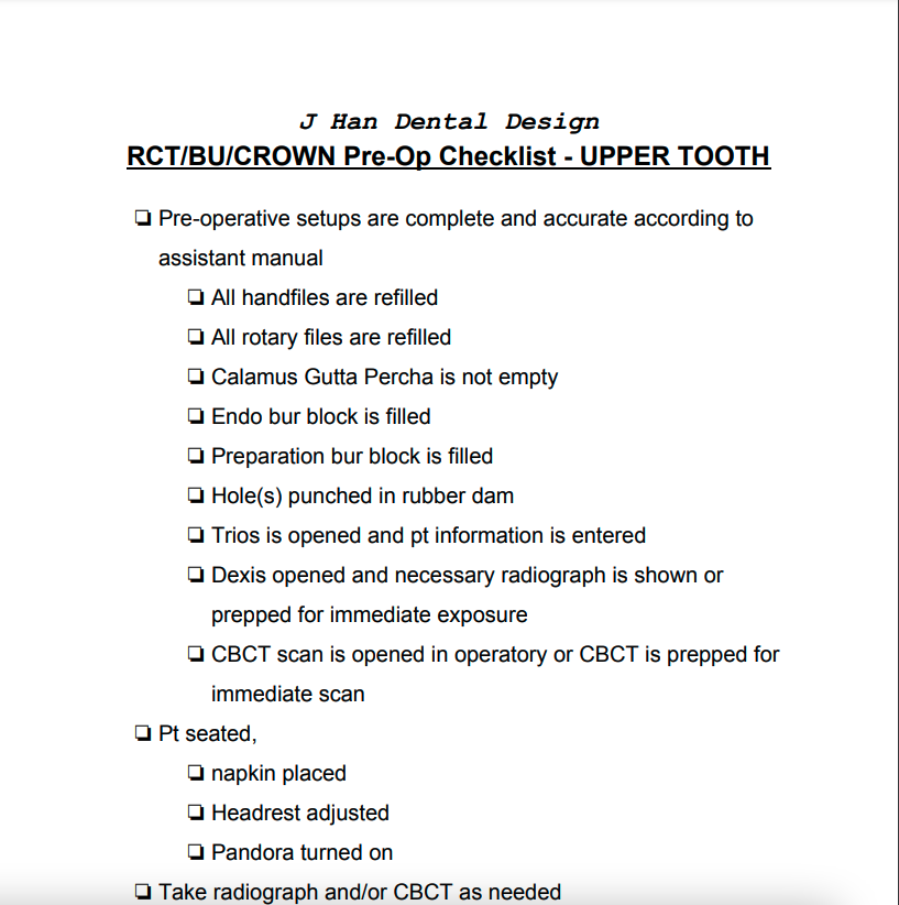 RCT/BU/CROWN Pre-Op Checklist - UPPER TOOTH - Dental Success Network