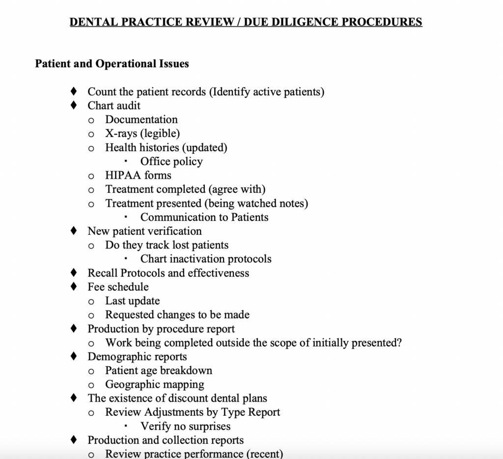 DENTAL PRACTICE REVIEW / DUE DILIGENCE PROCEDURES - Dental Success Network