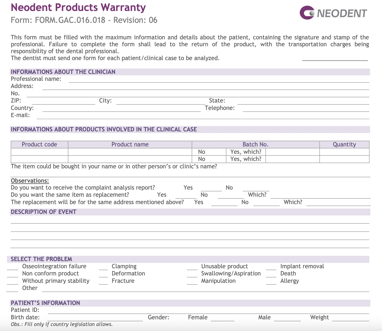 Neodent Guarantee Form - Dental Success Network