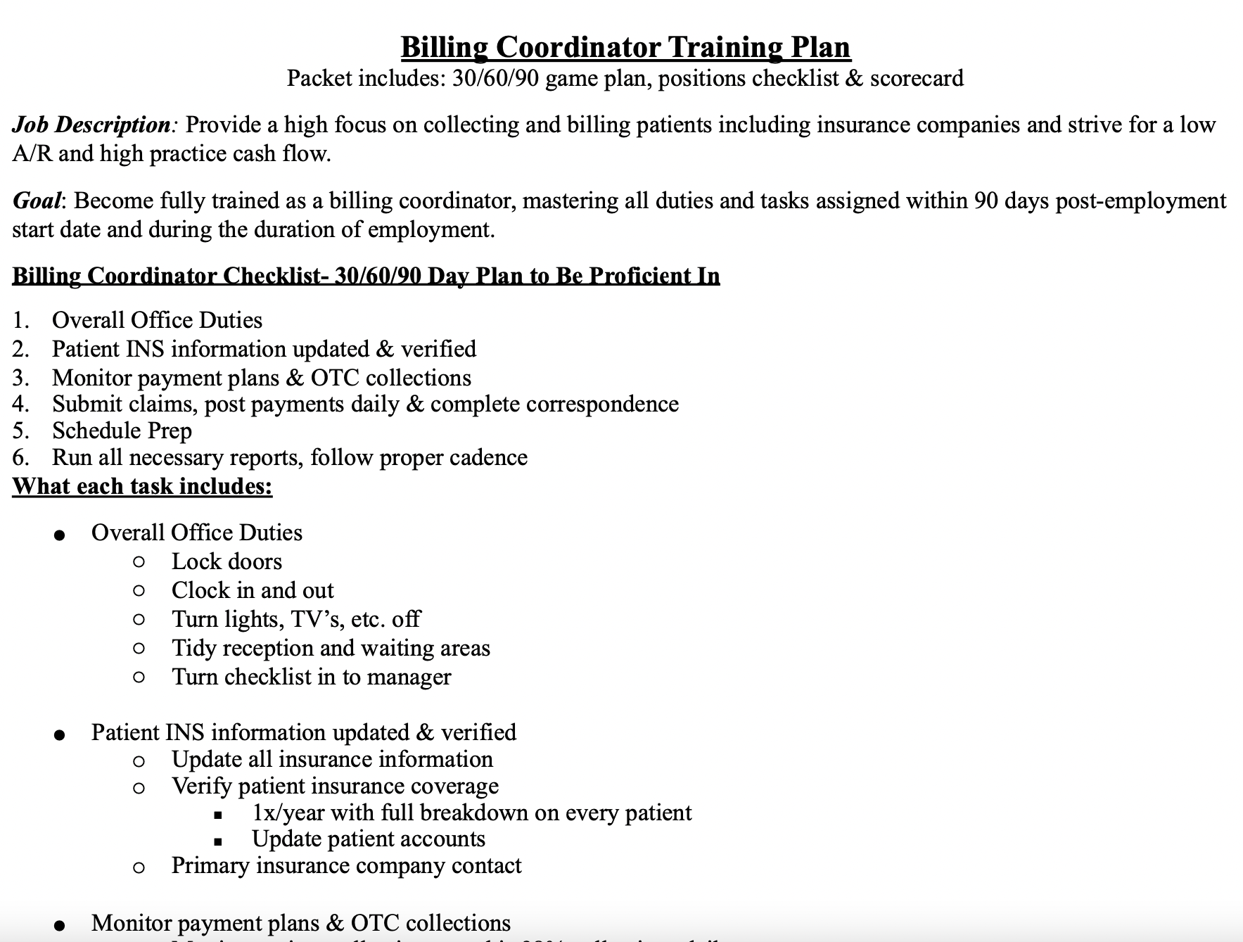 Billing Coordinator Training Plan - Dental Success Network