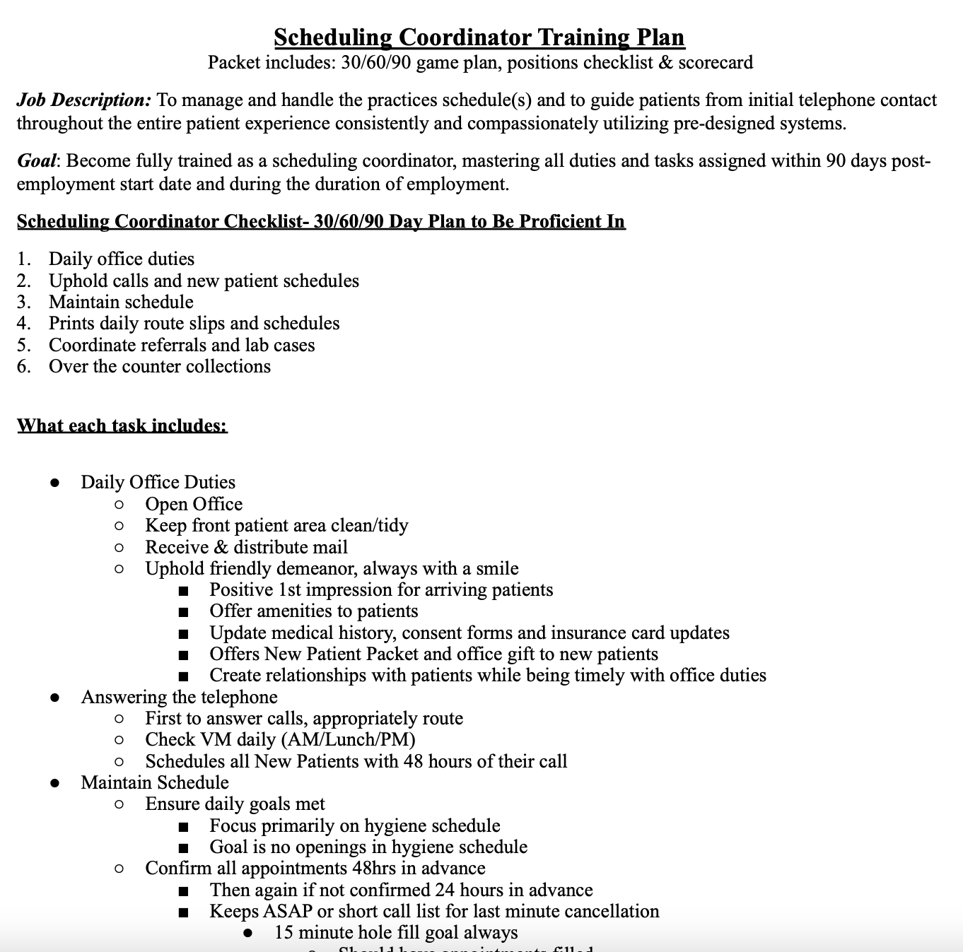 Scheduling Coordinator Training Plan - Dental Success Network