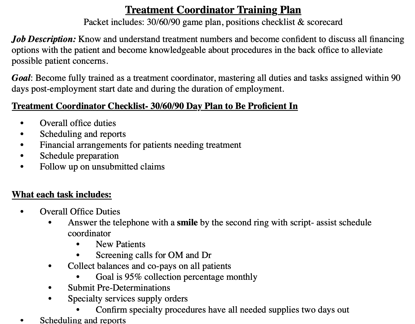 Treatment Coordinator Training Plan - Dental Success Network