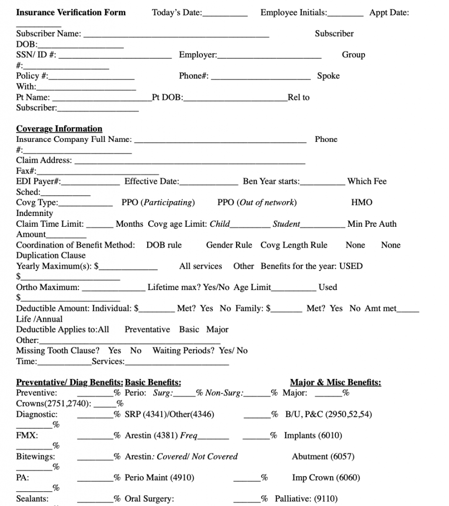 Insurance Verification Form - Dental Success Network