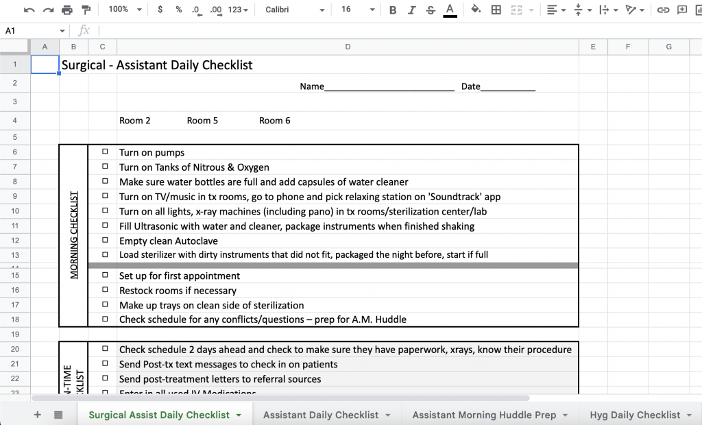 Daily Protocol Sheet - Checklist for All Positions - Dental Success Network