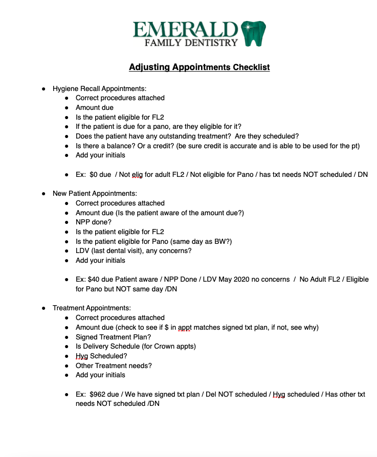 Adjusting Appointments Checklist - Dental Success Network