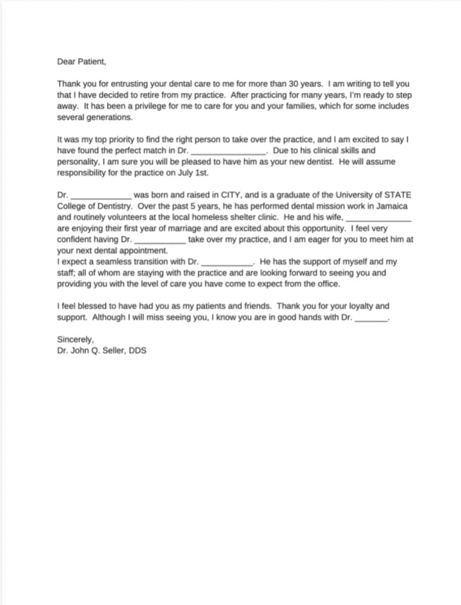 Transition Letters to Patients - Dental Success Network