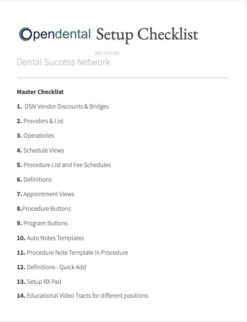 Open Dental Starting Checklist - Dental Success Network