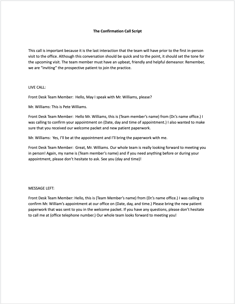 Confirmation Call Script - Dental Success Network