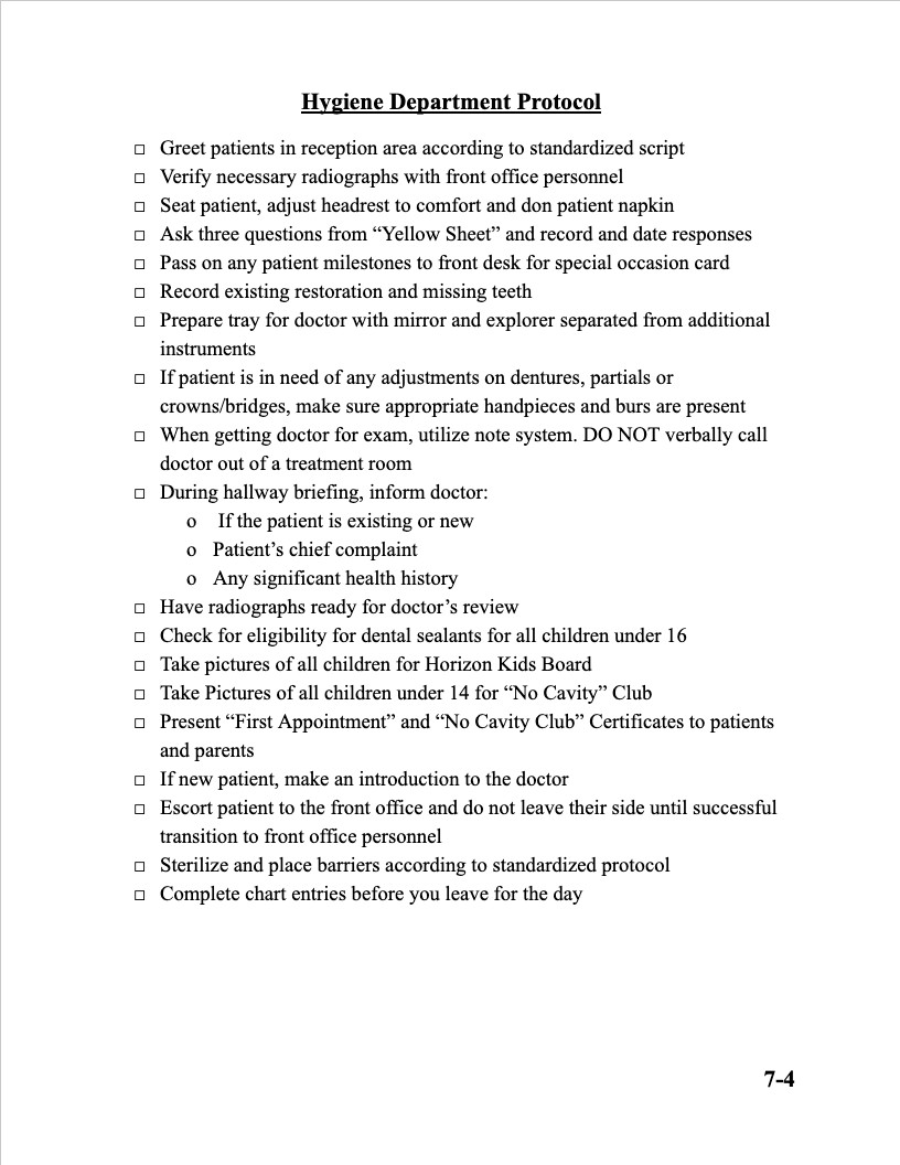Hygiene Department Protocol - Dental Success Network