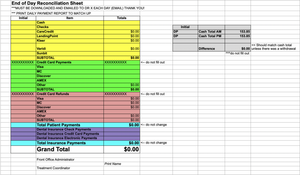 End of Day Reconciliation Sheet - Dental Success Network