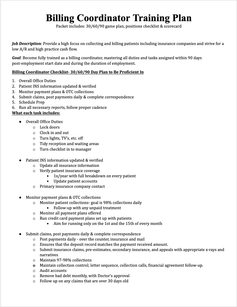 Billing Coordinator Training Plan - Dental Success Network