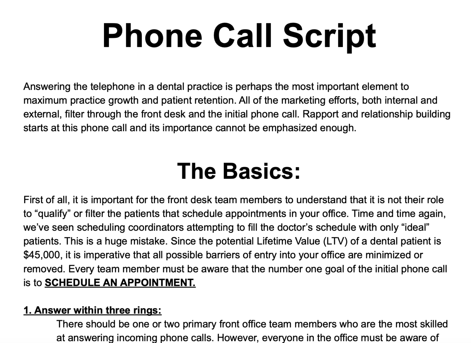 Phone Call Script - Dental Success Network
