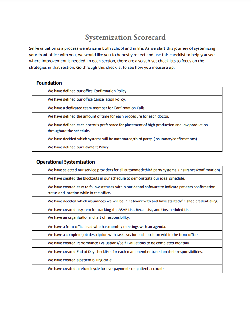 Front Office Systemization Scorecard - Dental Success Network